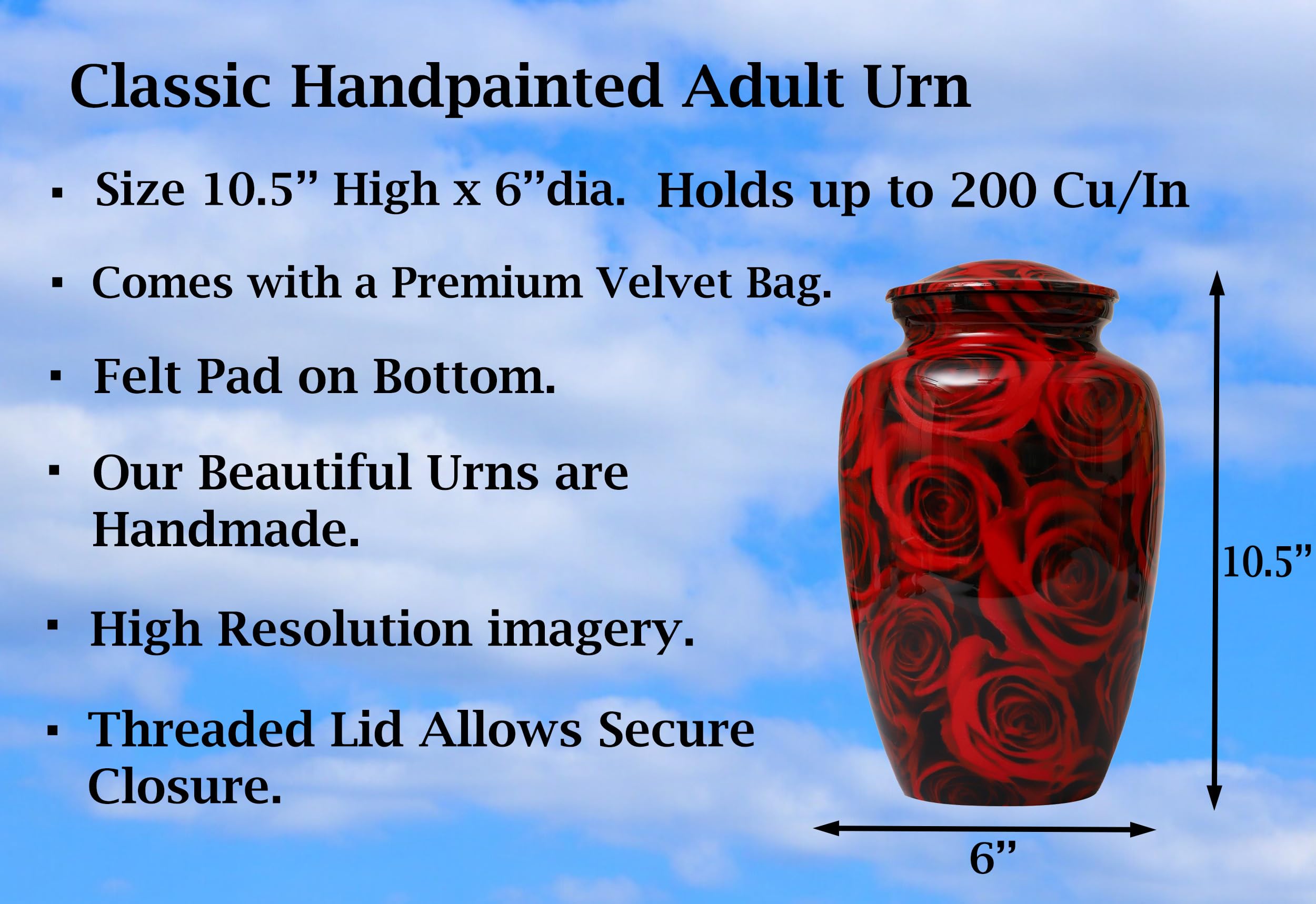 Bhartiya Handicrafts Red Rose Cremation Urn for Human Ashes - Suitable for Male & Female Adult Memorial urn, Urns for Ashes Adult Female for Home or Burial - Remains up to 200 lbs (Design 9)