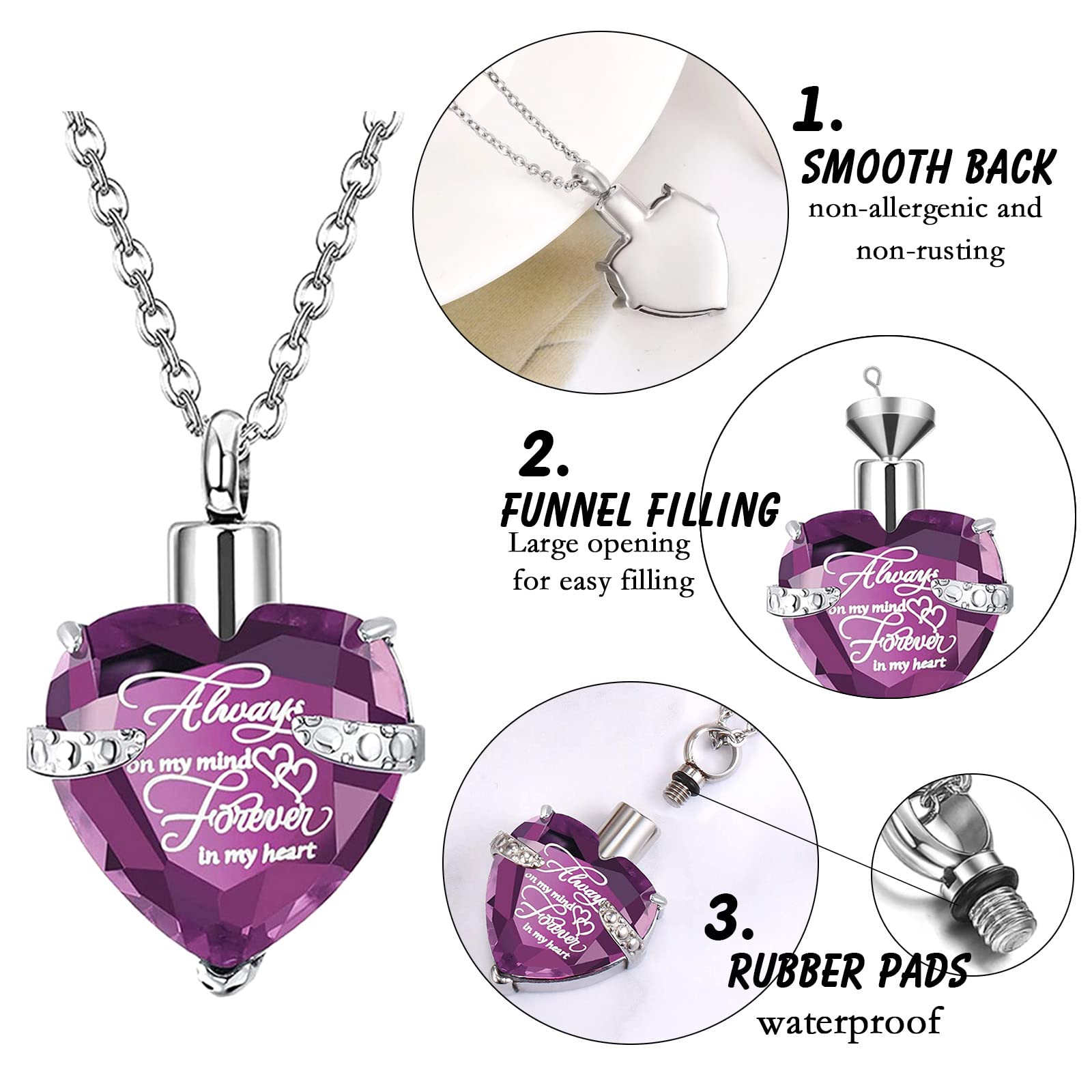 weikui 3 Pieces Heart Cross Cubic Urn Necklace for Ashes for Men Women Cremation Jewelry Crystal Memorial Locket Ashes Pendant Family Keepsake Sharing Jewelry Set (3 Black Pendants - Purple)