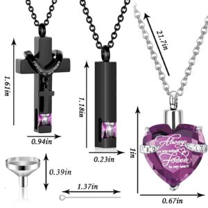 weikui 3 Pieces Heart Cross Cubic Urn Necklace for Ashes for Men Women Cremation Jewelry Crystal Memorial Locket Ashes Pendant Family Keepsake Sharing Jewelry Set (3 Black Pendants - Purple)