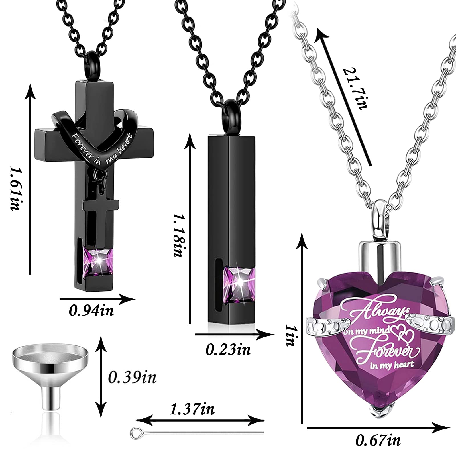 weikui 3 Pieces Heart Cross Cubic Urn Necklace for Ashes for Men Women Cremation Jewelry Crystal Memorial Locket Ashes Pendant Family Keepsake Sharing Jewelry Set (3 Black Pendants - Purple)