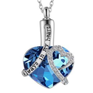 meicem womens always in my heart urn necklace heart memerial keepsake pendant ash holder cremation jewelry (blue)