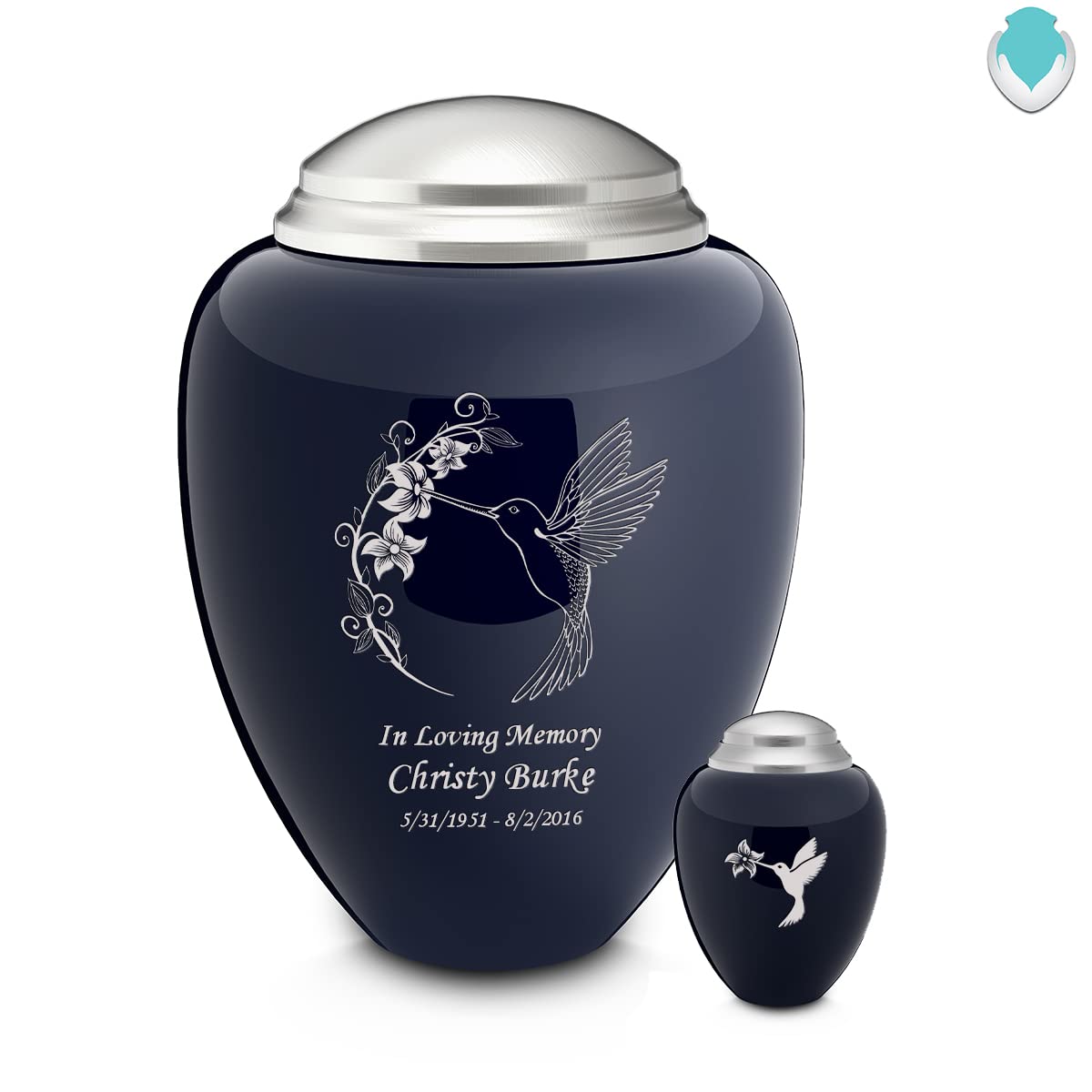 GetUrns Keepsake Tribute Hummingbird Cremation Urn (Navy and Brushed Pewter)