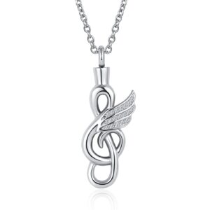 mzc jewelry music note urn necklace for ashes angel wing crystal women men cremation keepsake pendant ashes holder memorial for dad mom grandma grandpa (stainless steel)