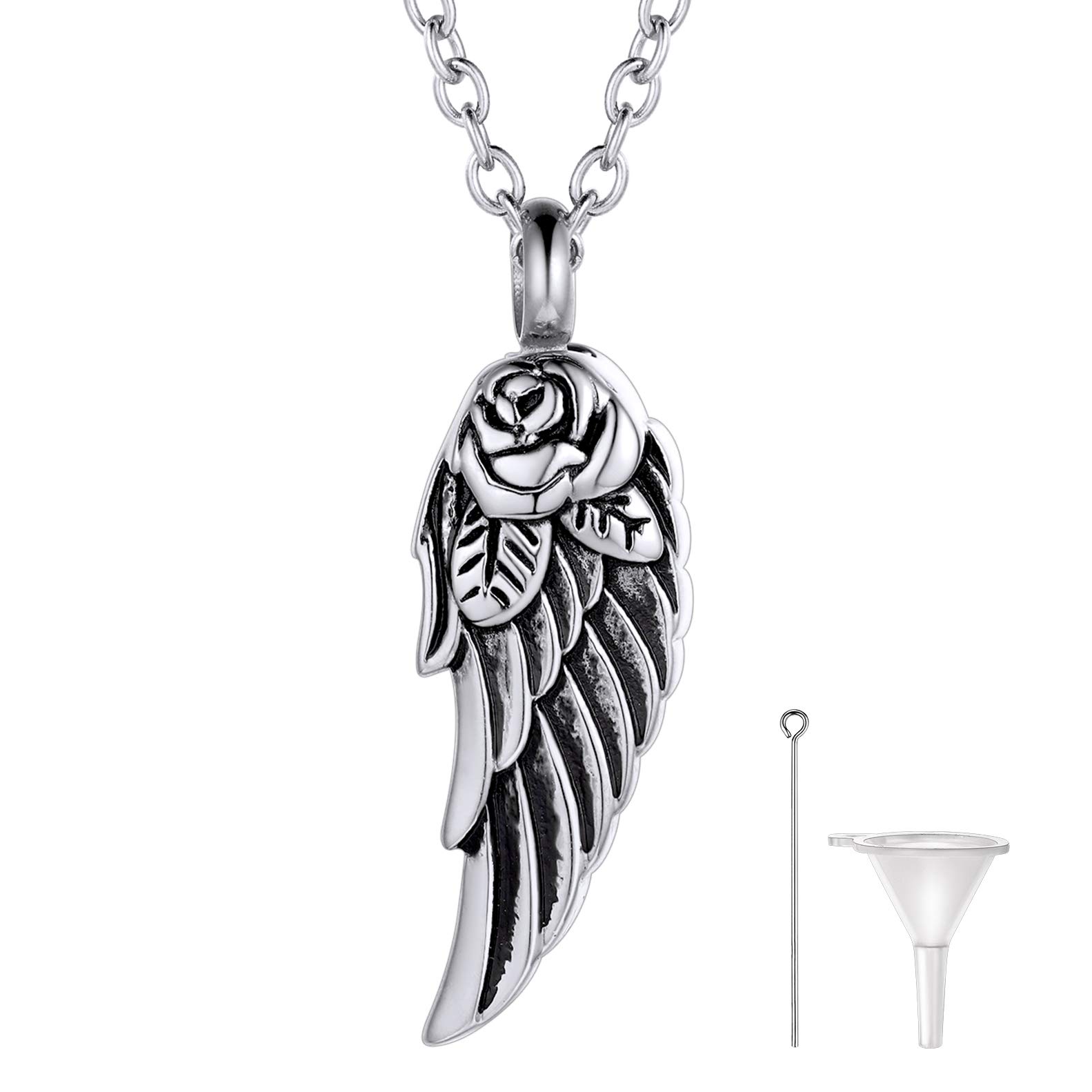 Richsteel Angel Wing Cremation Necklace For Human Pets Ashes Stainless Steel Urn Pendant with 20 Inch Rolo Chain Memorial Keepsake Gifts