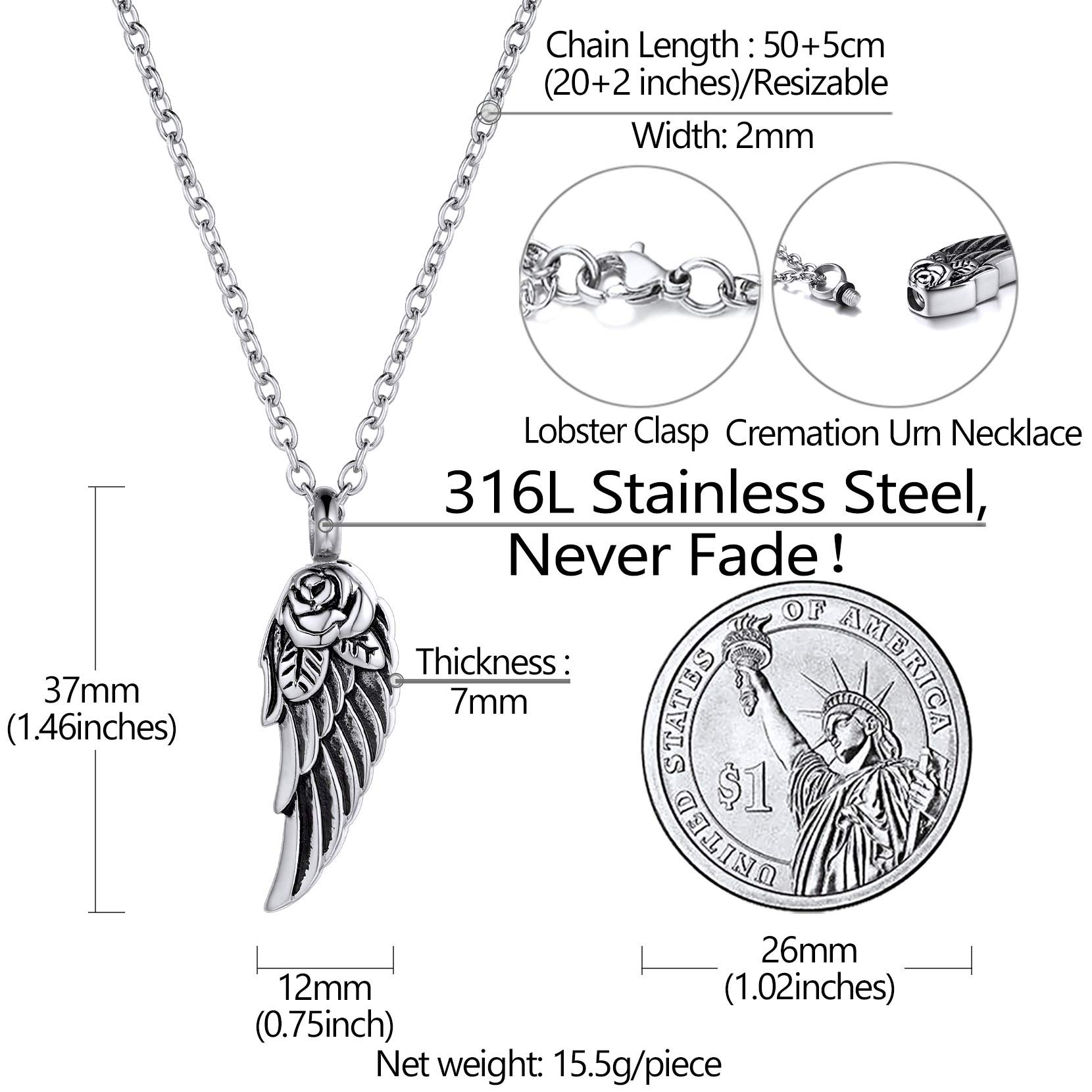 Richsteel Angel Wing Cremation Necklace For Human Pets Ashes Stainless Steel Urn Pendant with 20 Inch Rolo Chain Memorial Keepsake Gifts