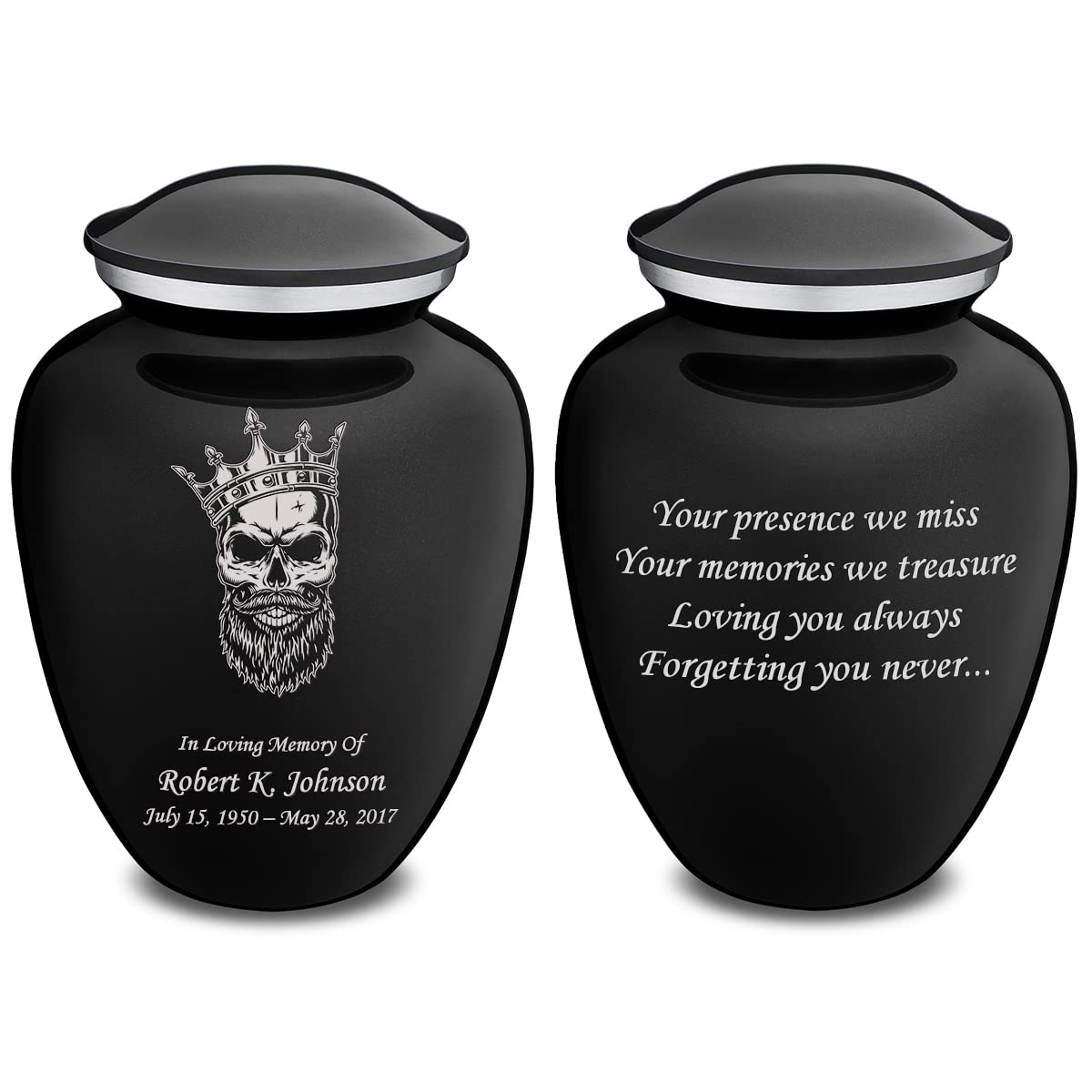 GetUrns Embrace Personalized Skull Adult Cremation Urn with Custom Text Engraving for Human Ashes for Funeral, Burial, Niche or Columbarium 200 Cubic Inches–Urns for Adult Ashes (_Black Double Sided)