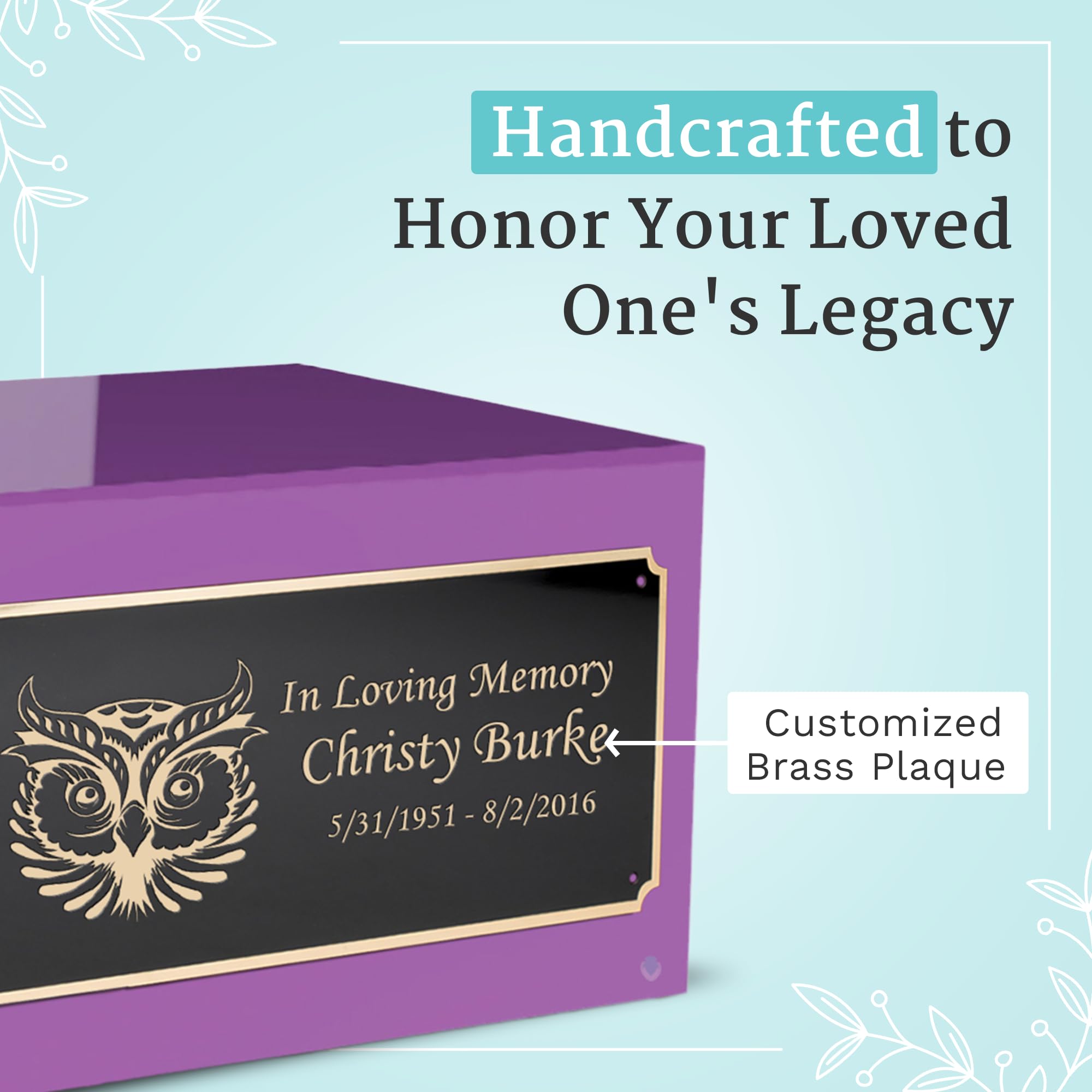 GetUrns Custom Engraved Heritage Purple Adult Cremation Urn Memorial Box for Ashes (Owl)