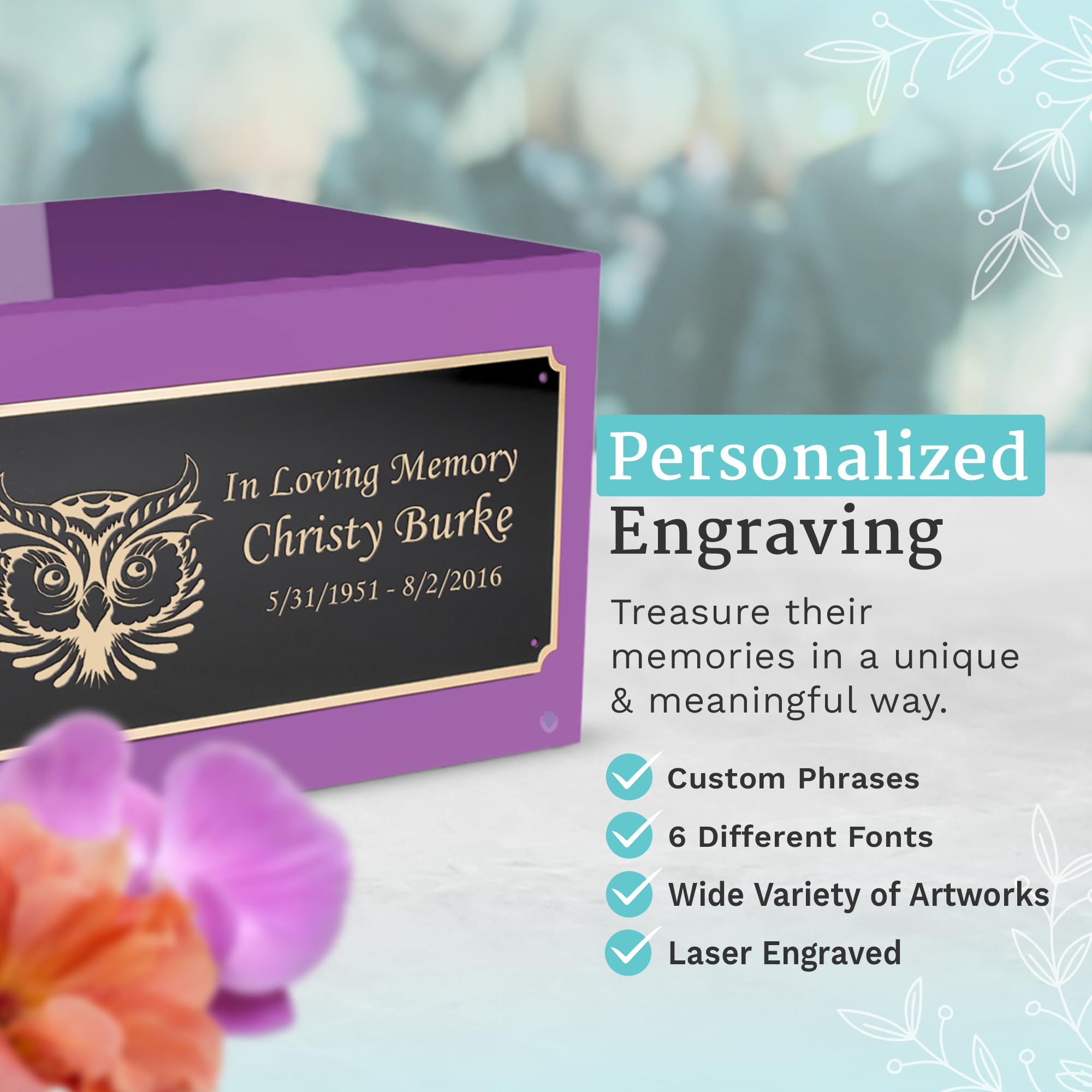 GetUrns Custom Engraved Heritage Purple Adult Cremation Urn Memorial Box for Ashes (Owl)