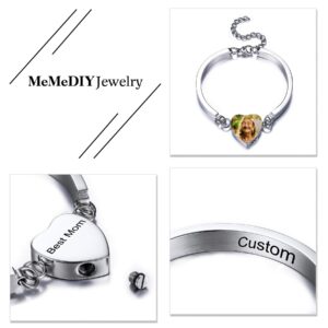 MeMeDIY Heart Urn Bracelet Cremation Jewelry For Women Custom Photo/Name Stainless Steel Ashes Holder Memorial Cuff Keepsake(Silver+Color image)