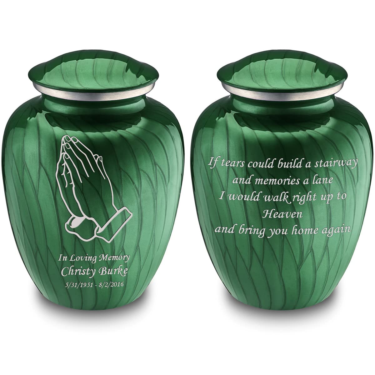 GetUrns Medium Embrace Praying Hands Cremation Urn with Custom Engraving (_Pearl Green Double Sided)