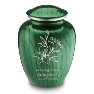 geturns embrace personalized lily medium cremation urn with custom engraving for human ashes for funeral, burial, niche or columbarium –44 cubic inches–small urns for ashes (pearl green)