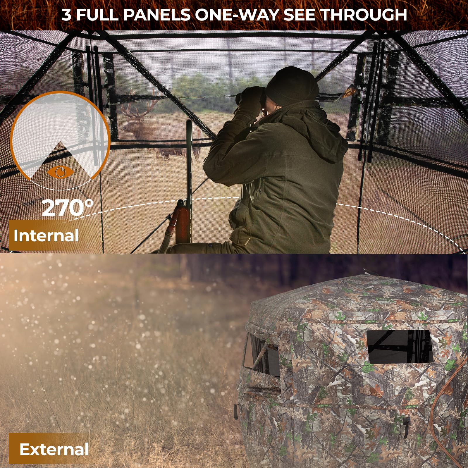 HUNTSEN Hunting Blind 270° See Through 2-3 Person Ground Blind Pop Up Hunting Tent with Carring Bag - Portable Durable for Turkey and Deer Hunting