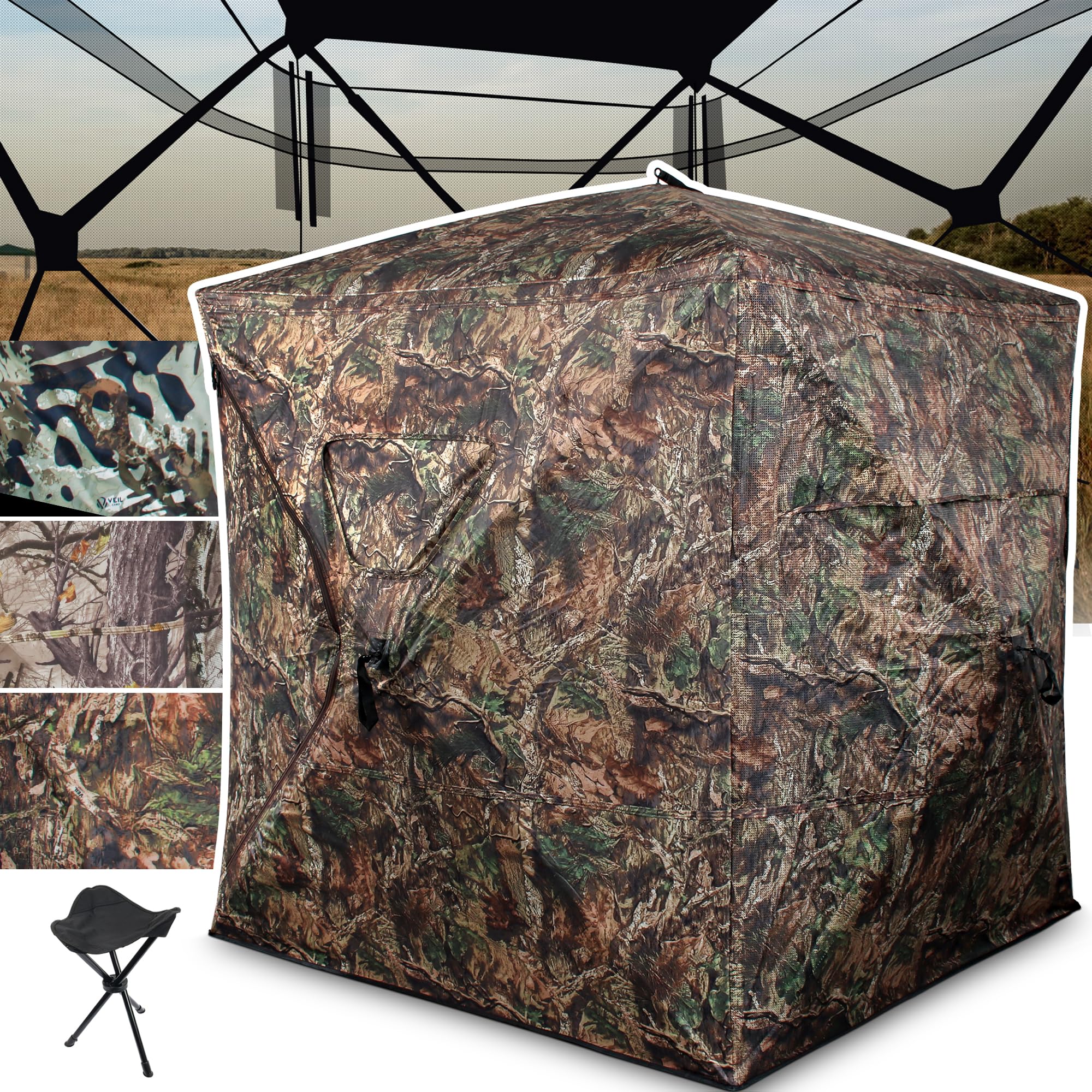 HUNT MONSTER Hunting Blind 1-3 Person with Tri-Leg Hunting Stool, 270 Degree See Through Pop up Ground Blinds for Deer Turkey Duck Hunting, Bow Hunting Adjust Windows with Silent Zipper(CAMO 2)