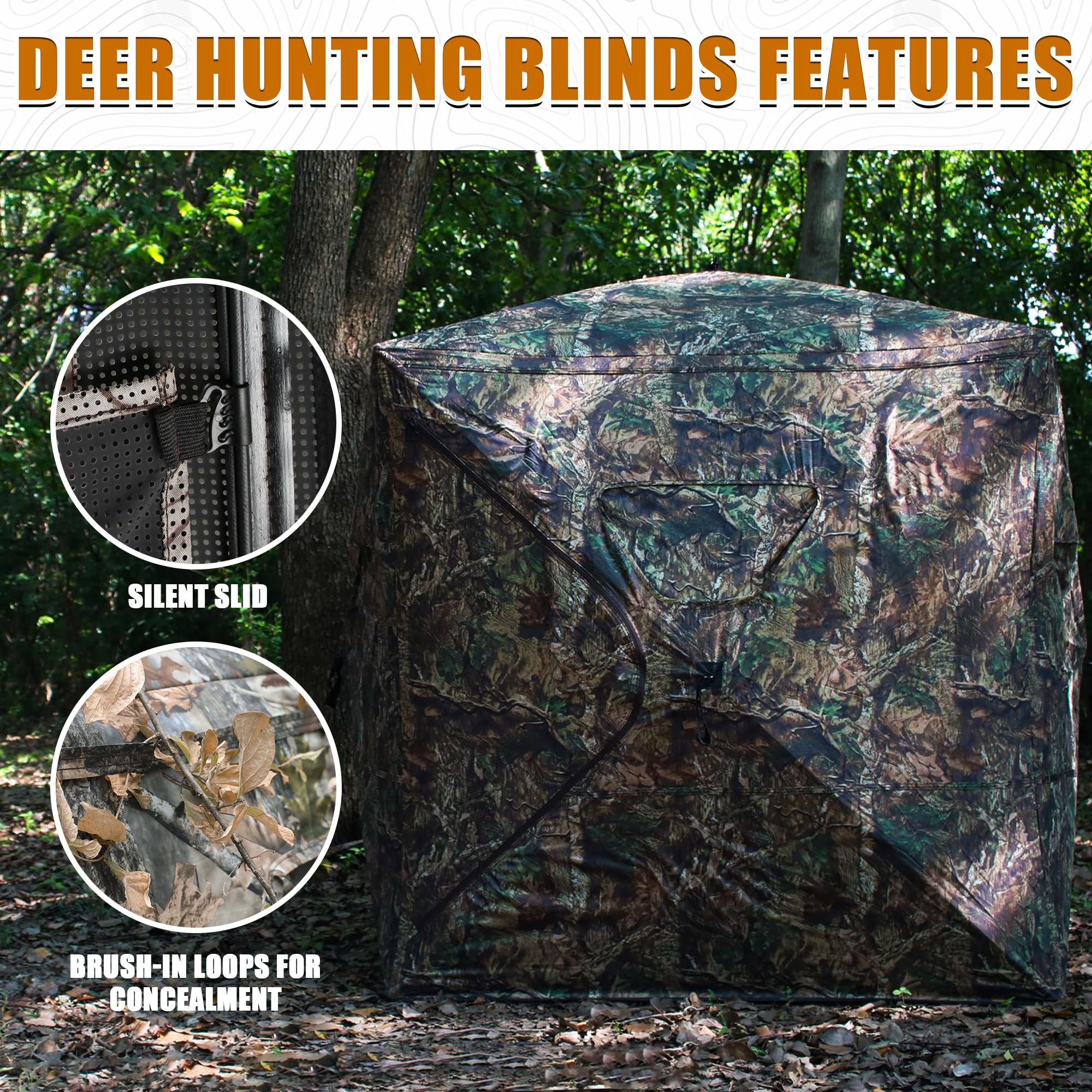 HUNT MONSTER Hunting Blind 1-3 Person with Tri-Leg Hunting Stool, 270 Degree See Through Pop up Ground Blinds for Deer Turkey Duck Hunting, Bow Hunting Adjust Windows with Silent Zipper(CAMO 2)