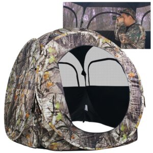 hunting blind 1 person, 270 degree see through pop up ground blinds for deer turkey duck hunting, bow hunting accessories, double side zipper window(camouflage-white)