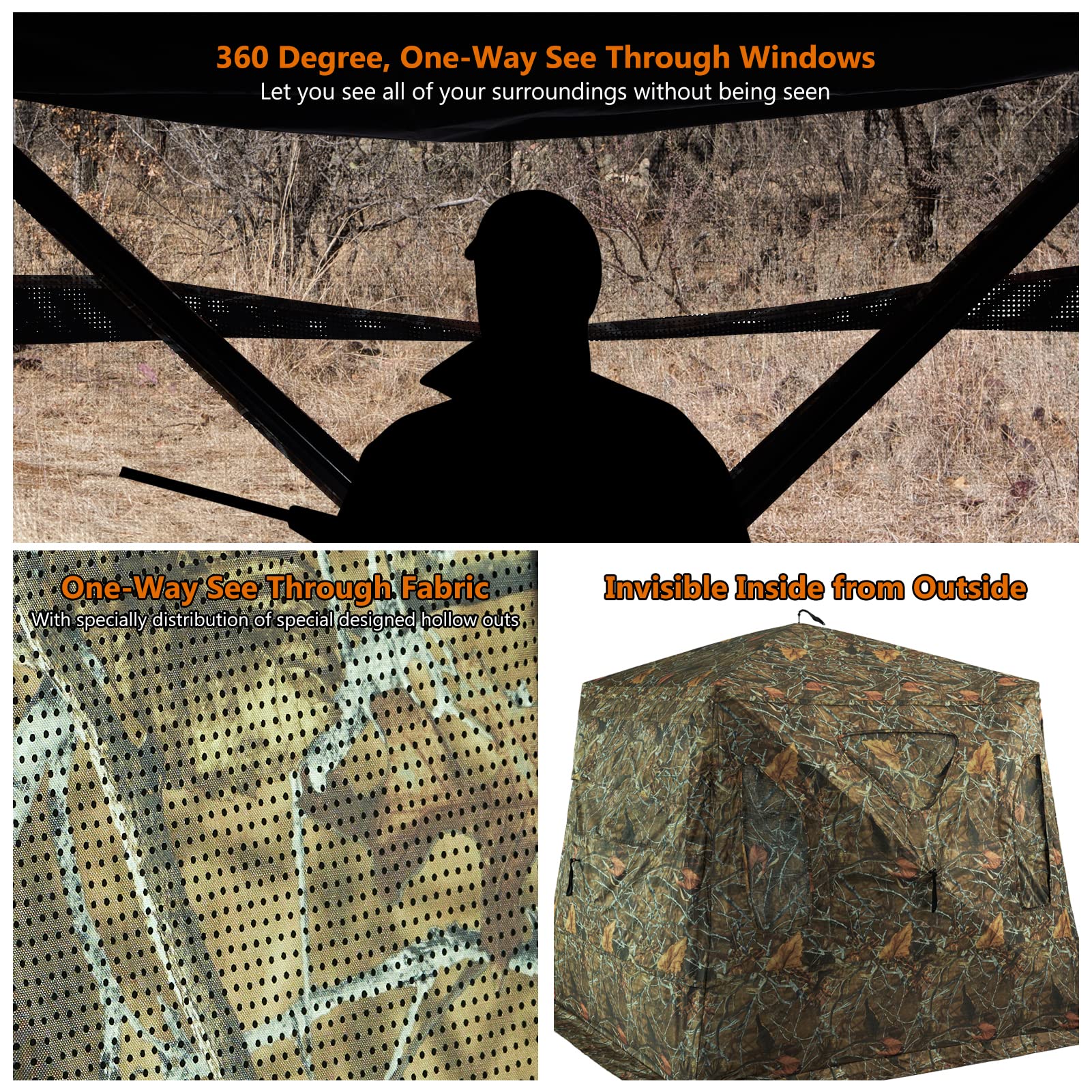 3 Person Silent Hunting Ground Blind 360 Degree One-Way See Through Portable Pop Up Hunting Tent with Frame Door, Carrying Backpack