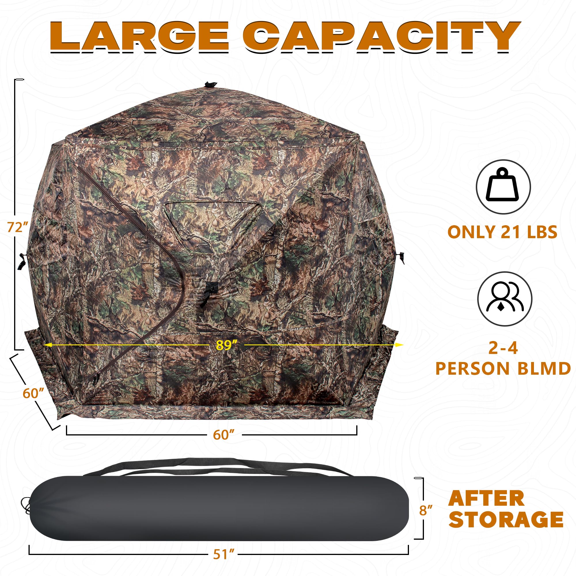 HUNT MONSTER 5 Side Hunting Blind 1-4 Person with Tri-Leg Hunting Stool, 288 Degree See Through Pop up Ground Blinds for Deer Turkey Duck Hunting, Bow Hunting Adjust Windows with Silent Zipper