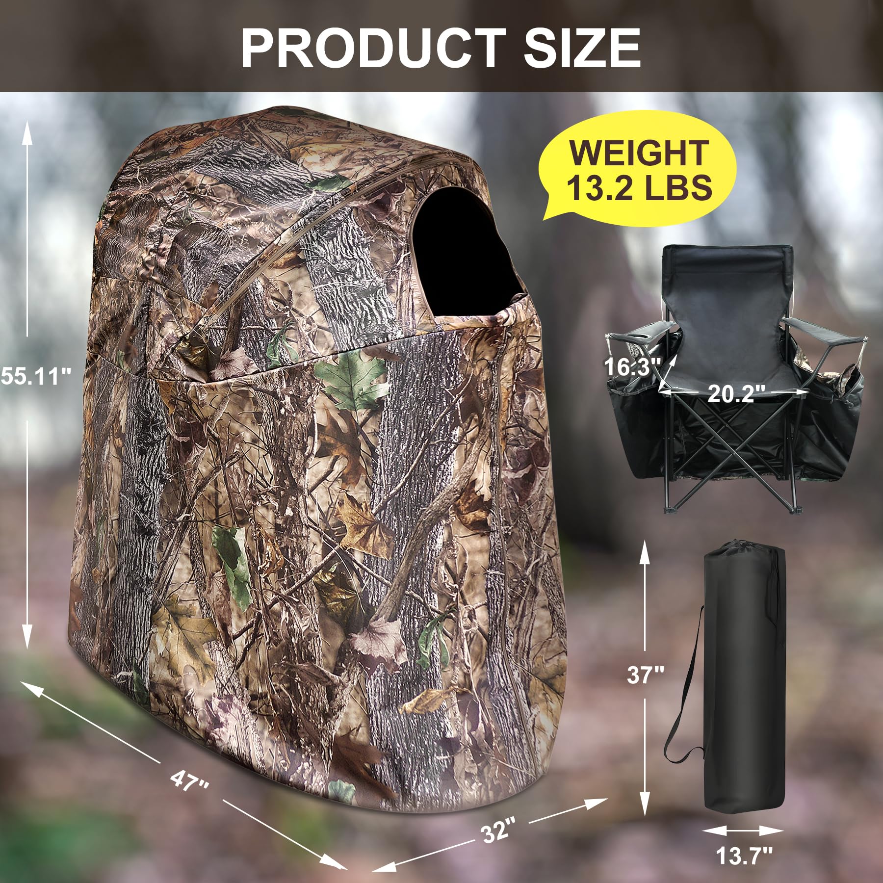 WTVIDAS Hunting Blinds Ground with Chair, Camouflage Hunting Blind with See Through Window, 1-Person Pop Up Ground Blind, Portable Hunting Chair Tent for Deer Turkey