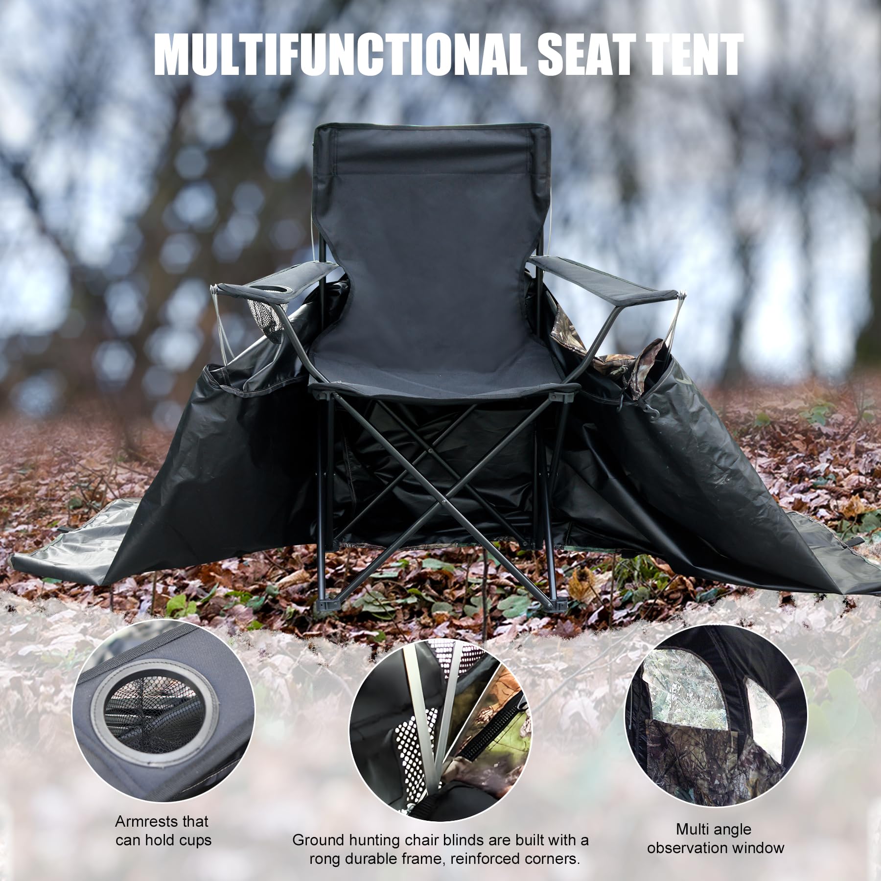 WTVIDAS Hunting Blinds Ground with Chair, Camouflage Hunting Blind with See Through Window, 1-Person Pop Up Ground Blind, Portable Hunting Chair Tent for Deer Turkey