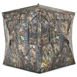 tangkula 3 person pop up ground blind, portable hunting blind with mesh windows, carrying bag & ground stakes, camouflage hunting tent with hub system, camo deer blinds for hunting