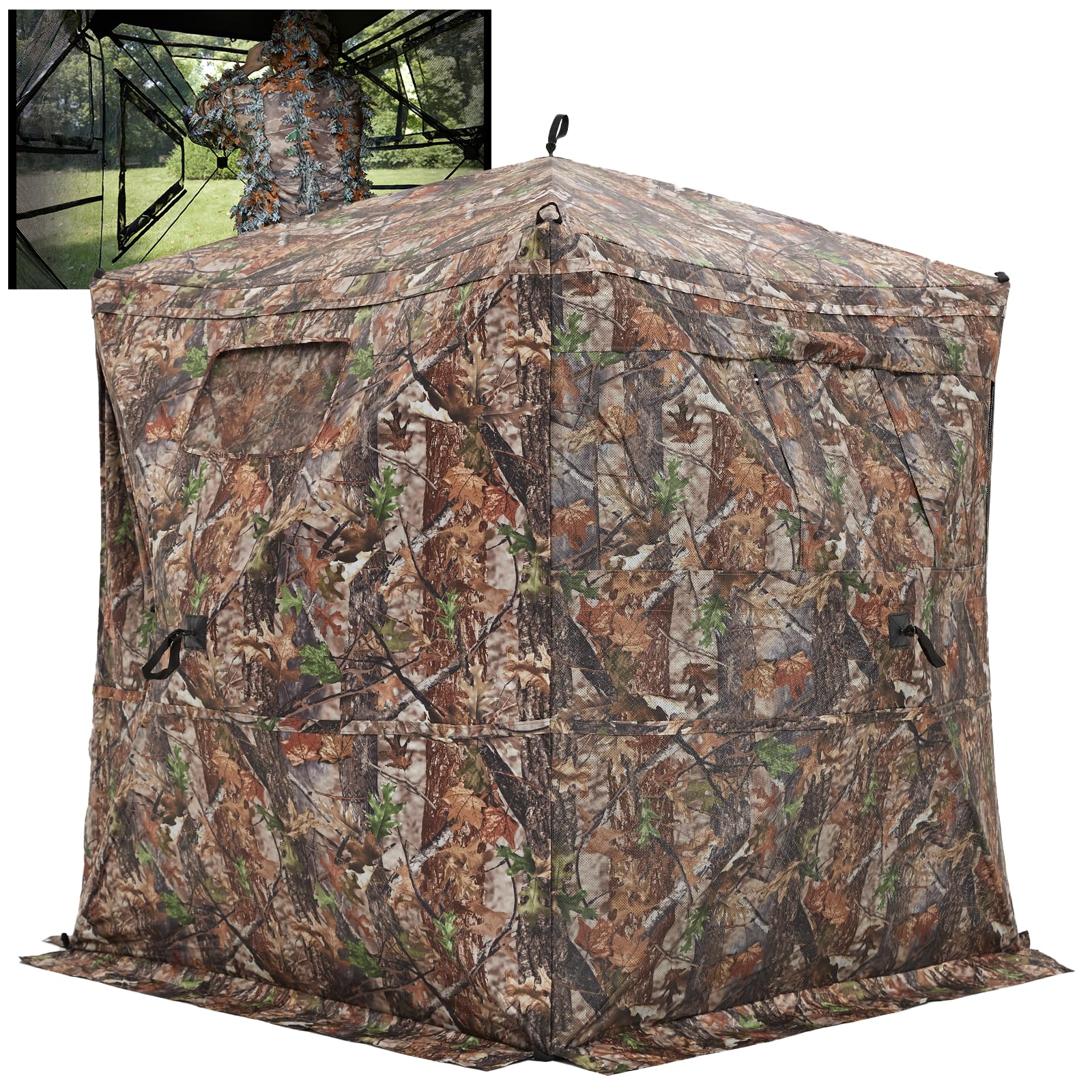 Huskfirm Hunting Blind See Through with Silent Magnetic Door&Sliding Windows,2-3 Person Pop Up Ground Blinds 270 Degree Field of View with Carrying Bag,Portable Hunting Tent for Deer&Turkey Hunting