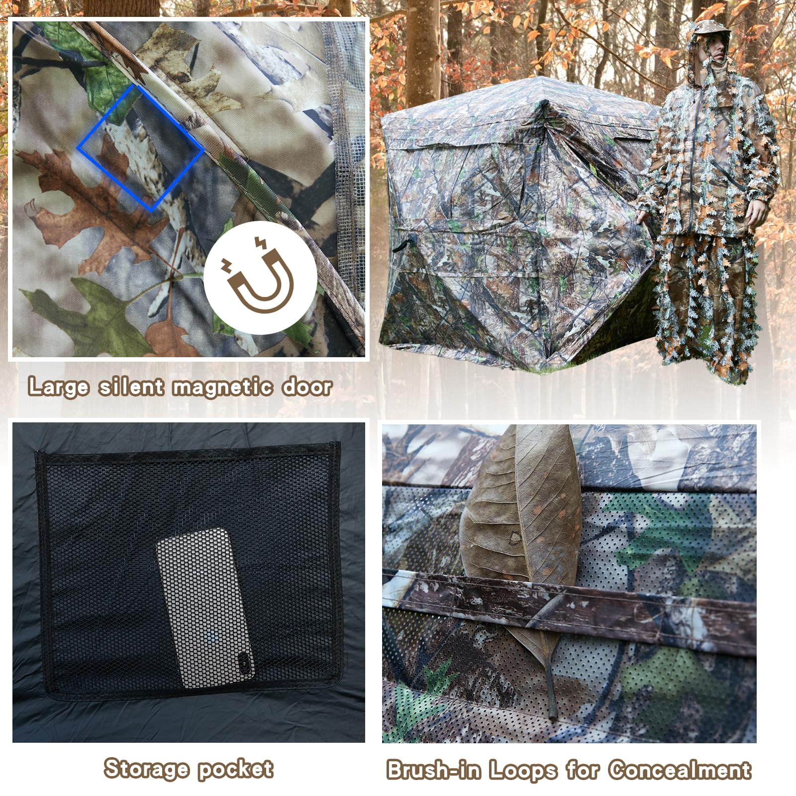 Huskfirm Hunting Blind See Through with Silent Magnetic Door&Sliding Windows,2-3 Person Pop Up Ground Blinds 270 Degree Field of View with Carrying Bag,Portable Hunting Tent for Deer&Turkey Hunting