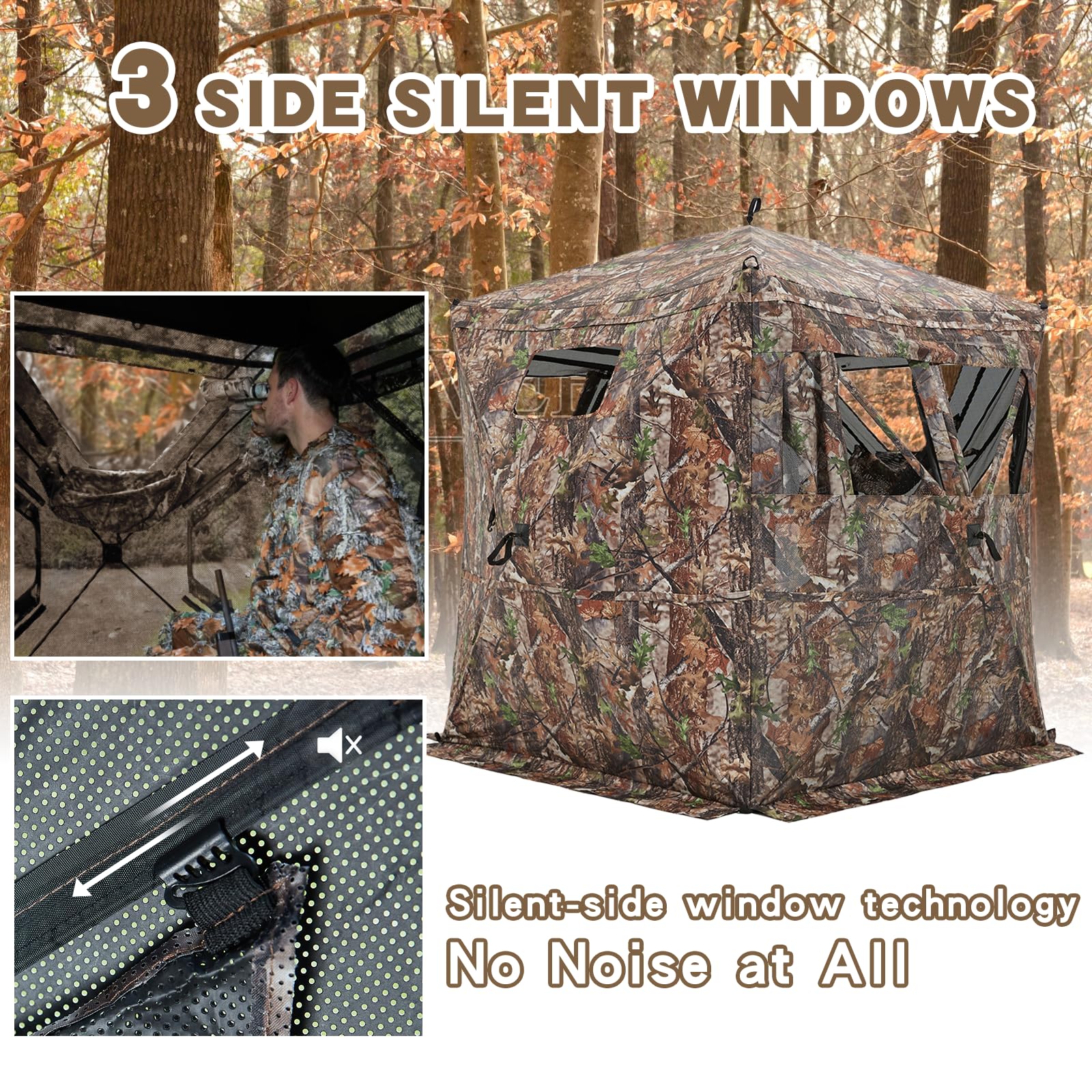 Huskfirm Hunting Blind See Through with Silent Magnetic Door&Sliding Windows,2-3 Person Pop Up Ground Blinds 270 Degree Field of View with Carrying Bag,Portable Hunting Tent for Deer&Turkey Hunting