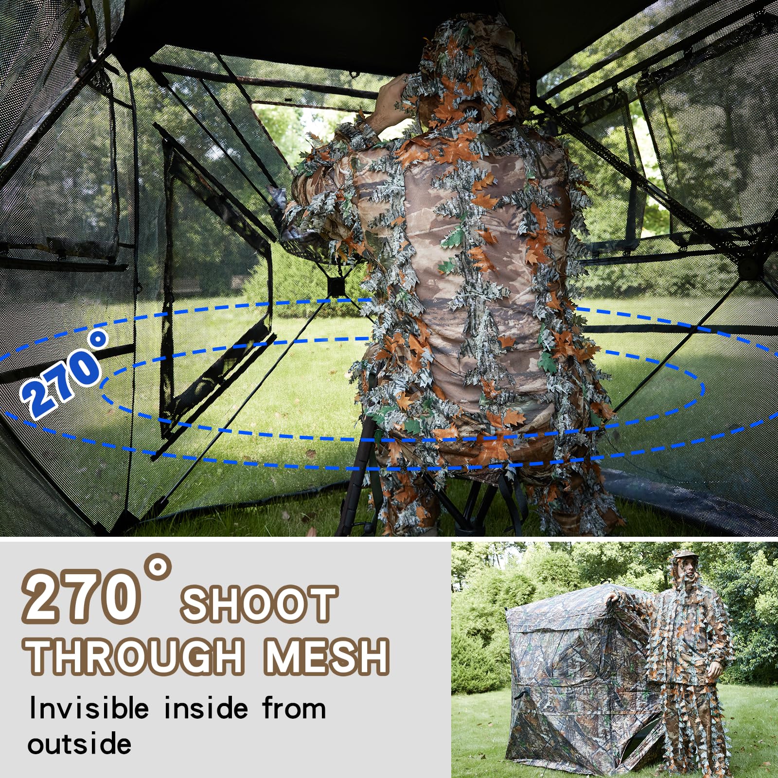 Huskfirm Hunting Blind See Through with Silent Magnetic Door&Sliding Windows,2-3 Person Pop Up Ground Blinds 270 Degree Field of View with Carrying Bag,Portable Hunting Tent for Deer&Turkey Hunting