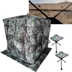 thunderbay see through hunting blind combo with 2 chairs, 3 person pop up ground blinds 180 degree, 300d durable hunting tent for deer & turkey hunting (camouflage), floor space 62" x 62"