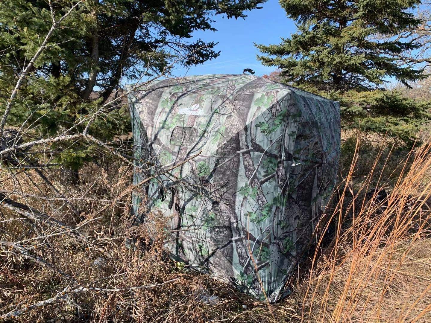 THUNDERBAY See Through Hunting Blind Combo with 2 Chairs, 3 Person Pop Up Ground Blinds 180 Degree, 300D Durable Hunting Tent for Deer & Turkey Hunting (Camouflage), Floor Space 62" x 62"