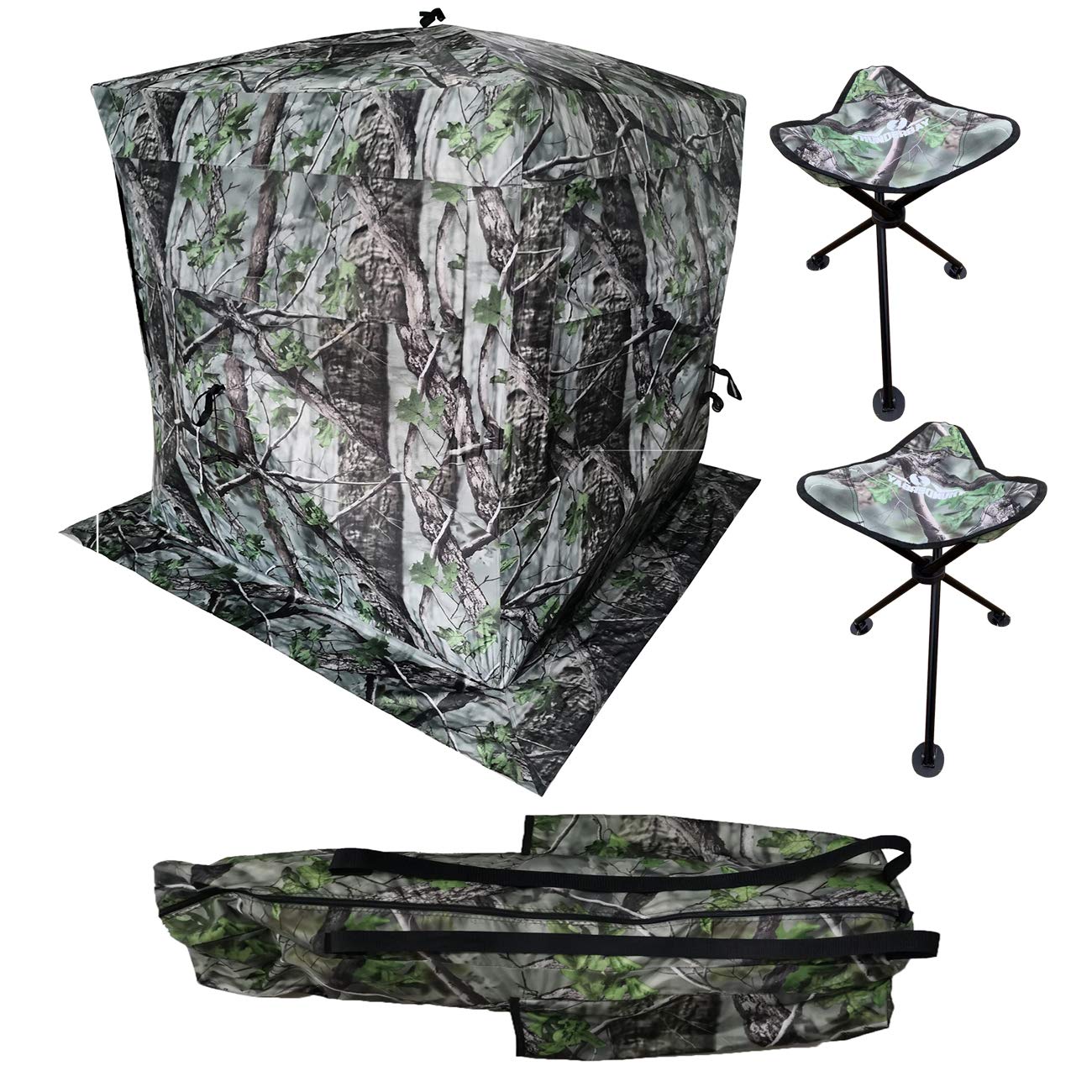 THUNDERBAY See Through Hunting Blind Combo with 2 Chairs, 3 Person Pop Up Ground Blinds 180 Degree, 300D Durable Hunting Tent for Deer & Turkey Hunting (Camouflage), Floor Space 62" x 62"