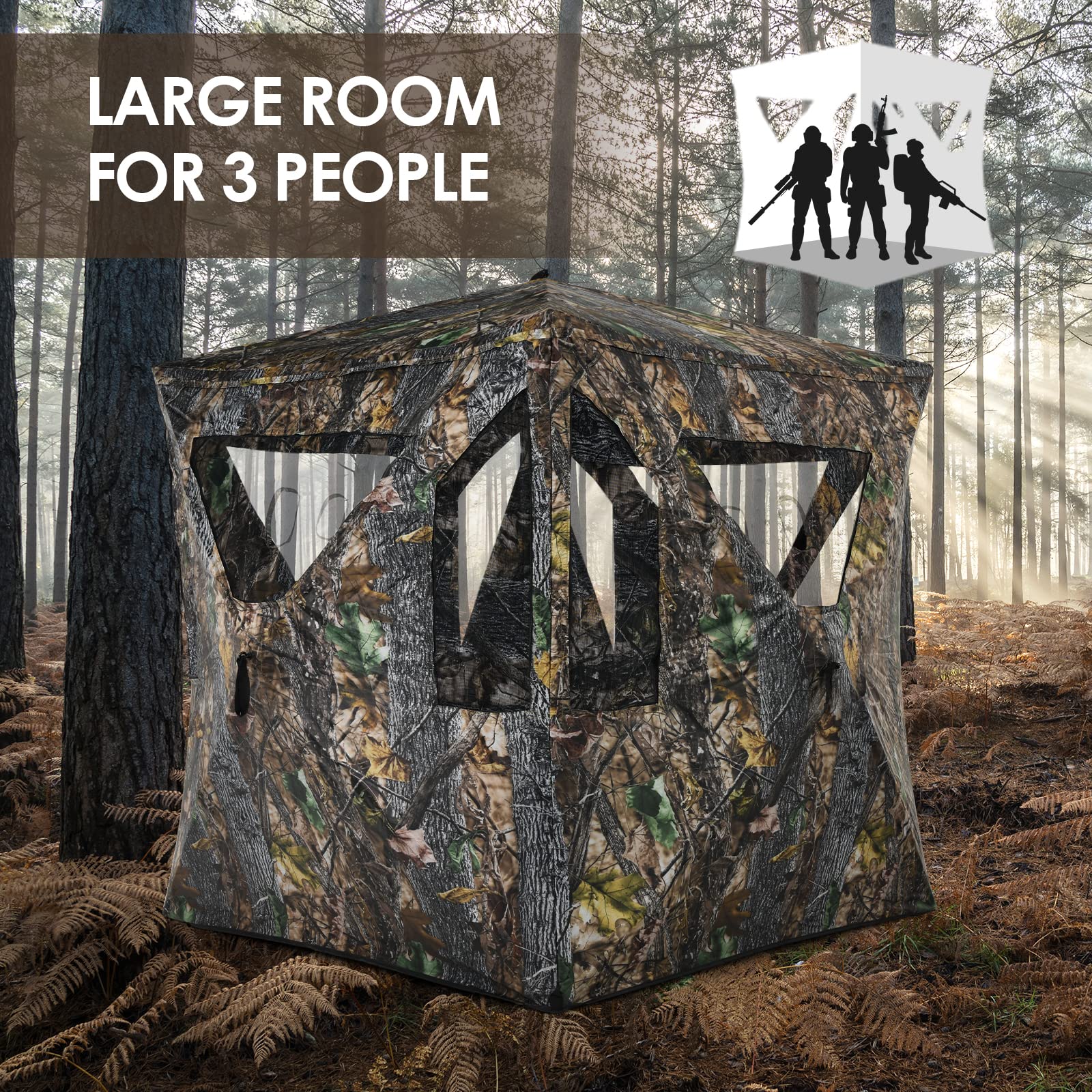 GYMAX Hunting Blind, 3 Persons Pop Up Ground Blind with Shooting Hole, Windows & Silent Sliding, 360 Degree See Through Portable Durable Hunting Tent, Camouflage Ground Blind for Deer Turkey Hunting