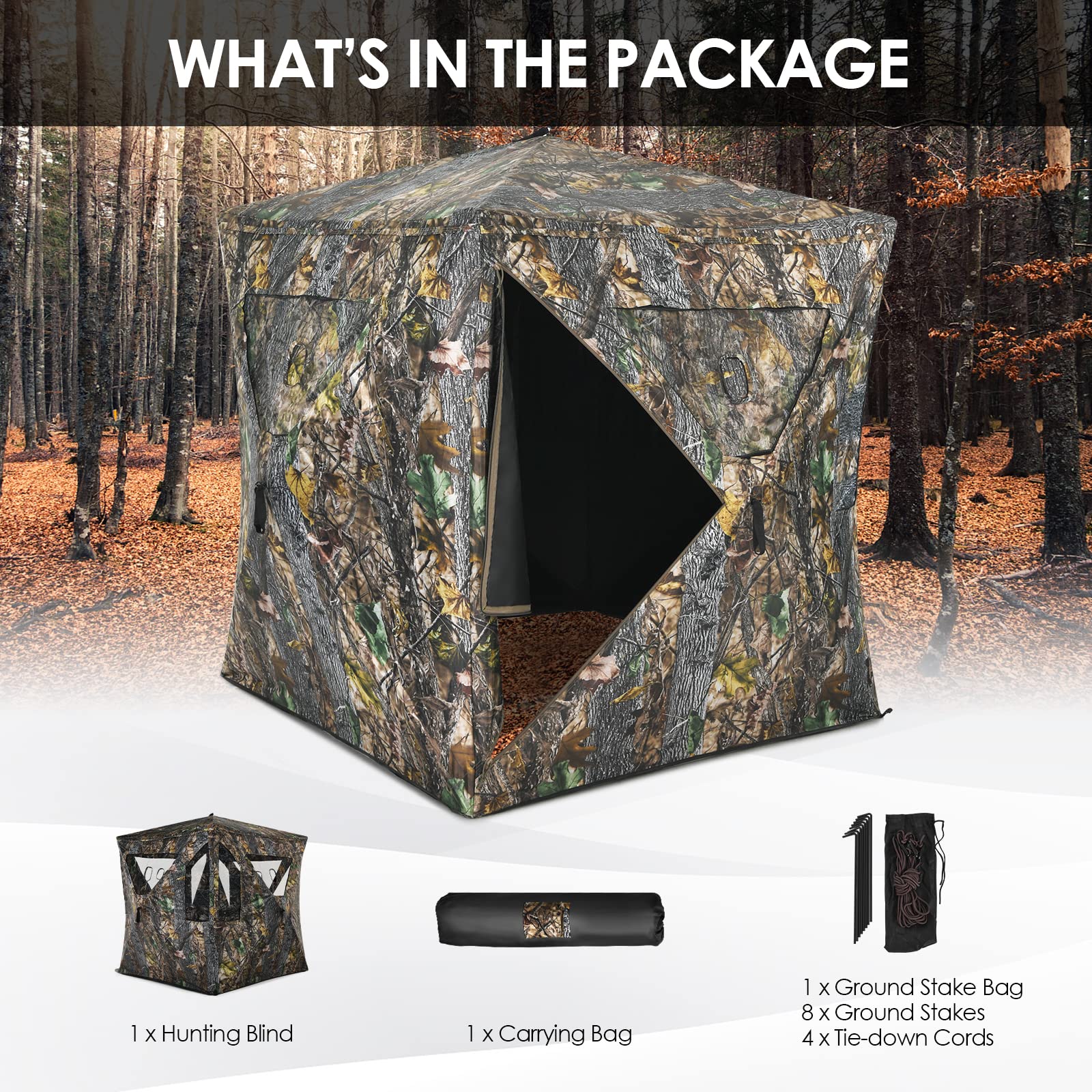 GYMAX Hunting Blind, 3 Persons Pop Up Ground Blind with Shooting Hole, Windows & Silent Sliding, 360 Degree See Through Portable Durable Hunting Tent, Camouflage Ground Blind for Deer Turkey Hunting