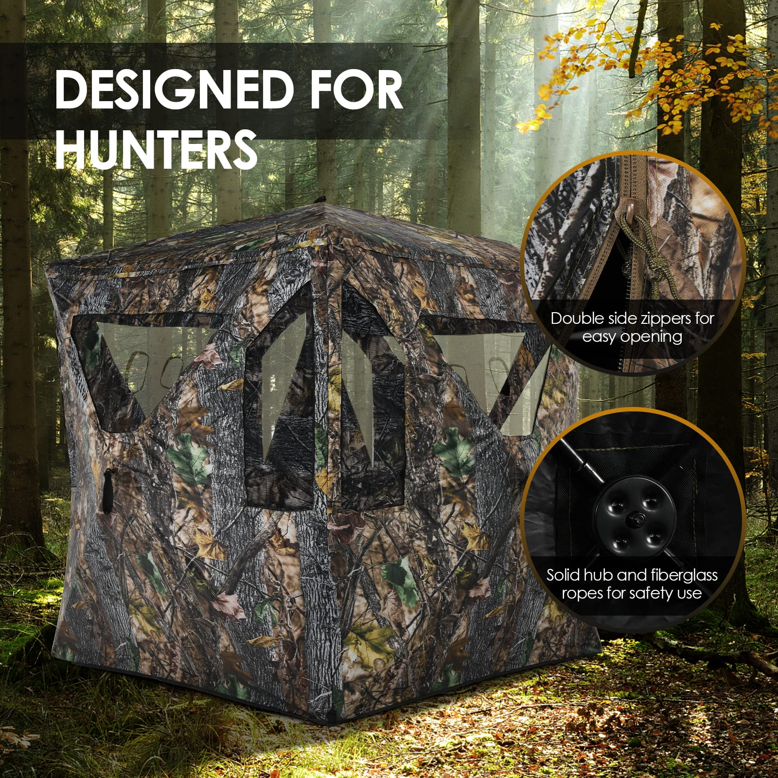 GYMAX Hunting Blind, 3 Persons Pop Up Ground Blind with Shooting Hole, Windows & Silent Sliding, 360 Degree See Through Portable Durable Hunting Tent, Camouflage Ground Blind for Deer Turkey Hunting