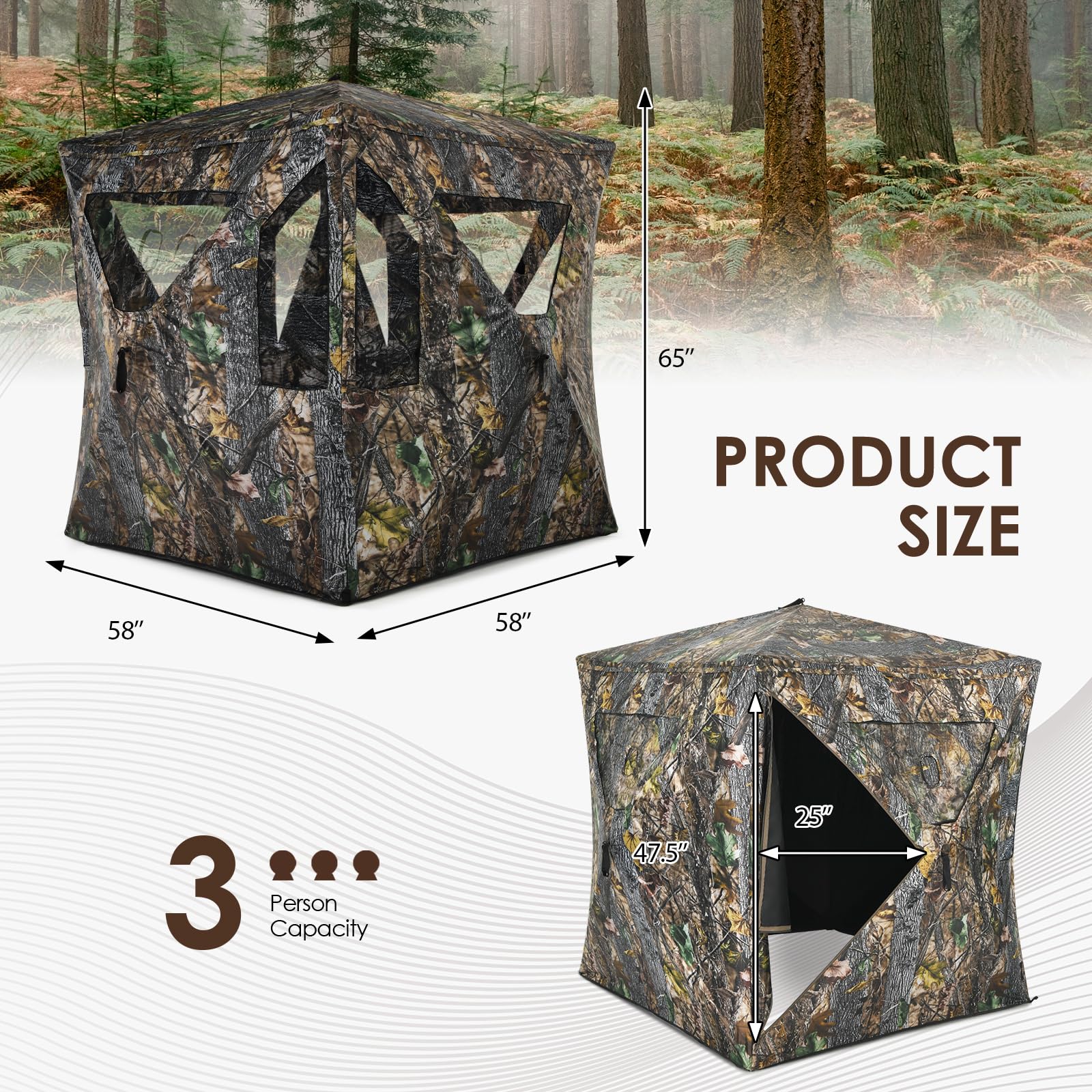 GYMAX Hunting Blind, 3 Persons Pop Up Ground Blind with Shooting Hole, Windows & Silent Sliding, 360 Degree See Through Portable Durable Hunting Tent, Camouflage Ground Blind for Deer Turkey Hunting