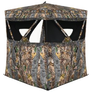 gymax hunting blind, 3 person pop up see through silent sliding ground blind with hub system, triangle zipper door & carry bag, camouflage mossy backwoods waterproof deer hunting blind tent