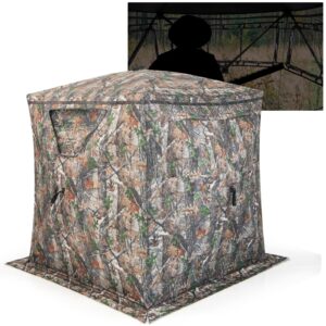 giantex ground blinds for deer hunting - portable hunting blind, camo tent see through, 2-3 person pop up deer blind with 270 degree view, 8 sturdy ground stakes, 4 high-wind tie-down ropes, carry bag