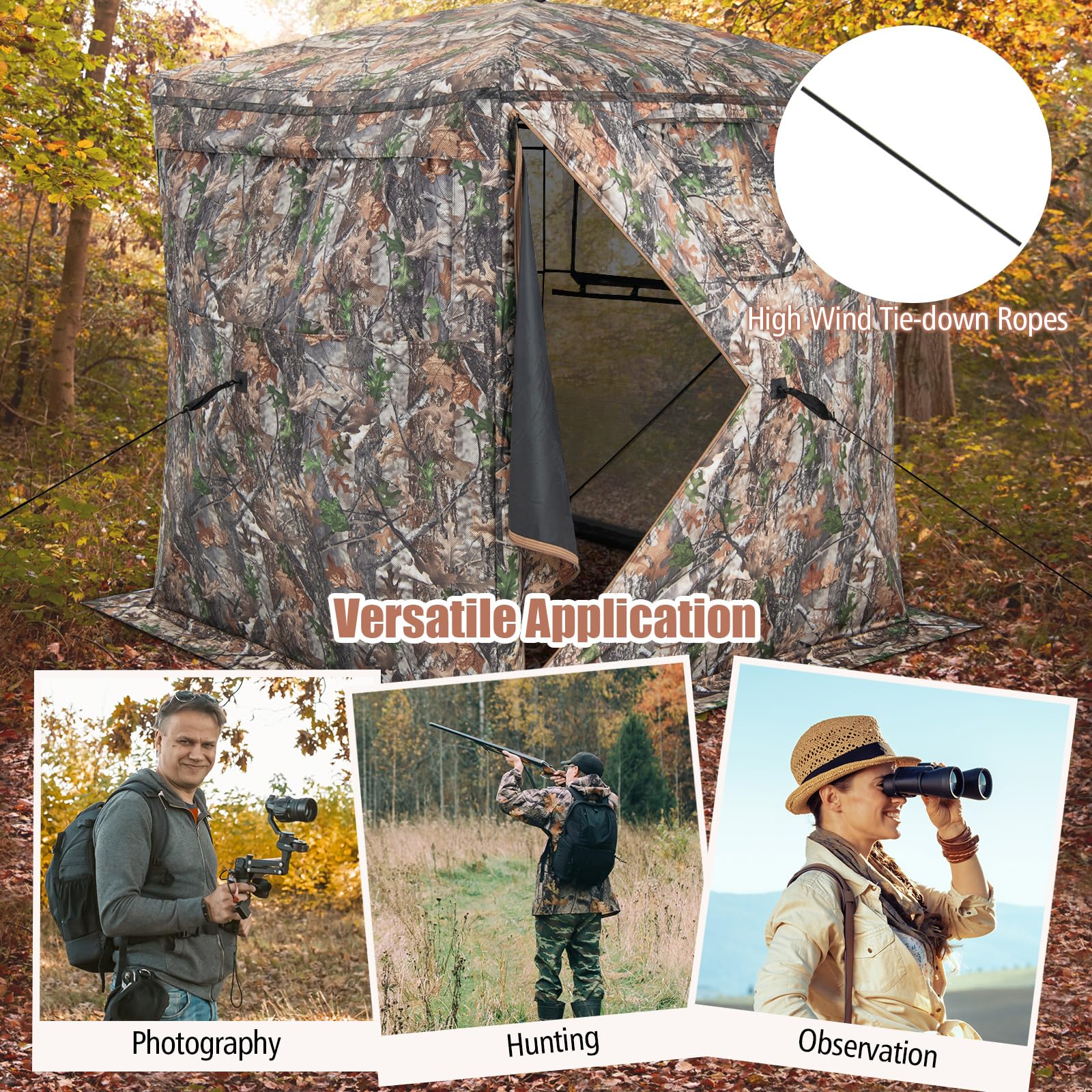 Giantex Ground Blinds for Deer Hunting - Portable Hunting Blind, Camo Tent See Through, 2-3 Person Pop Up Deer Blind with 270 Degree View, 8 Sturdy Ground Stakes, 4 High-Wind Tie-Down Ropes, Carry Bag