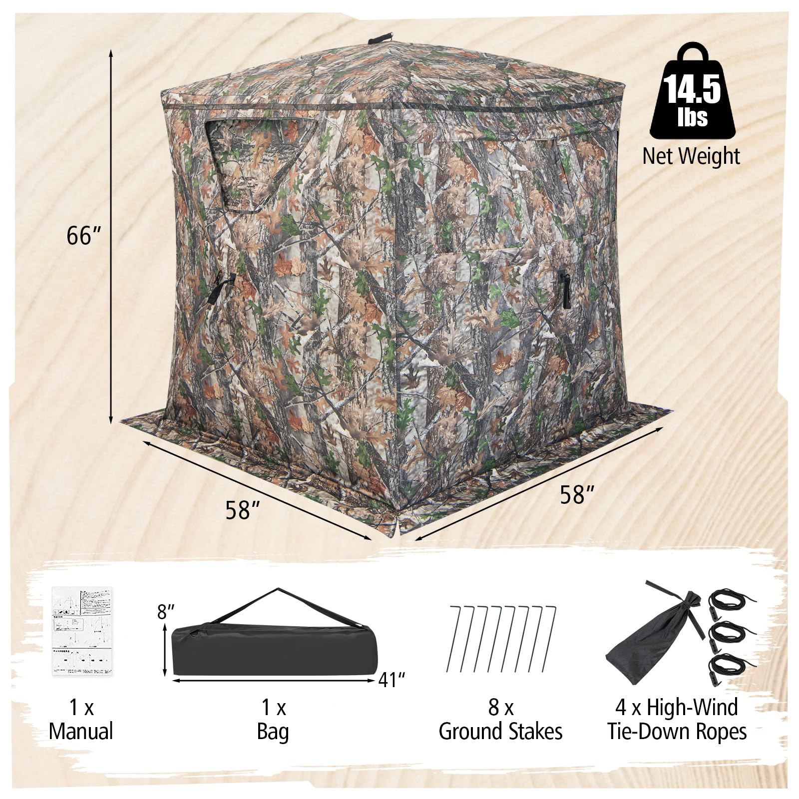 Giantex Ground Blinds for Deer Hunting - Portable Hunting Blind, Camo Tent See Through, 2-3 Person Pop Up Deer Blind with 270 Degree View, 8 Sturdy Ground Stakes, 4 High-Wind Tie-Down Ropes, Carry Bag