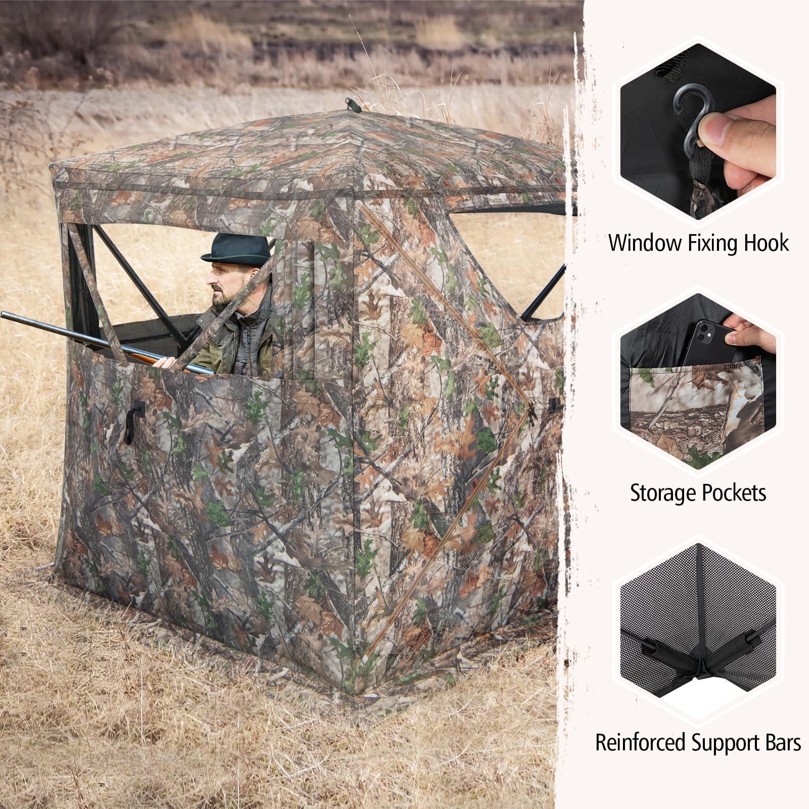 Giantex Ground Blinds for Deer Hunting - Portable Hunting Blind, Camo Tent See Through, 2-3 Person Pop Up Deer Blind with 270 Degree View, 8 Sturdy Ground Stakes, 4 High-Wind Tie-Down Ropes, Carry Bag