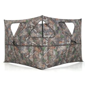 happygrill hunting blind 2-panel pop up ground hunting blind with 3 shoot through ports, camo concealment, brush-in loops, high wind stability, easy-setup hunting fence for deer turkey