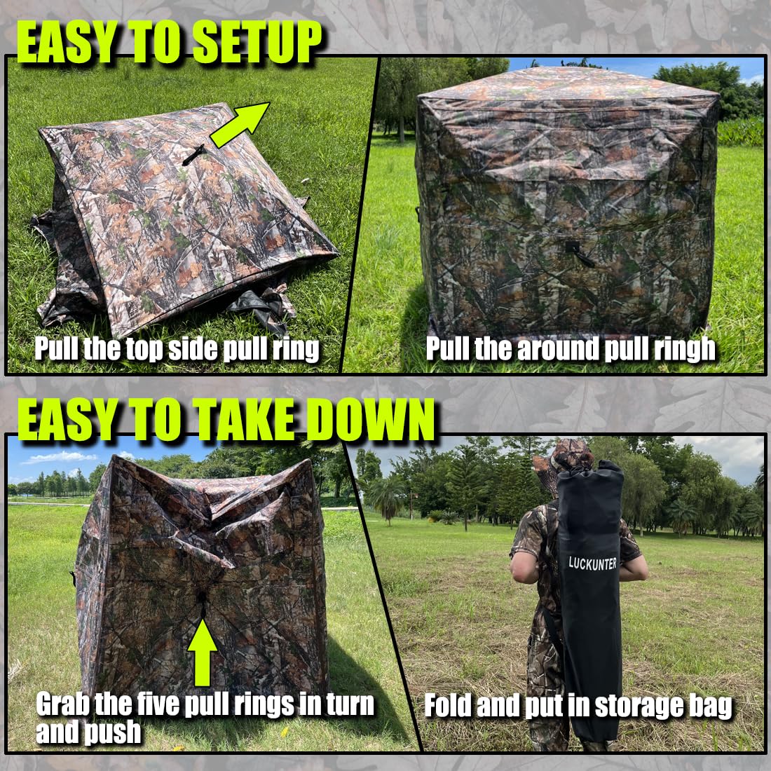 LUCKUNTER 360 Degree See Through Hunting Blind Extra Large Tall (78X78X80 inch) 2/3/4 Person Ground Camouflage Pop Up Hunting Blind for Turkey Deer Hunting