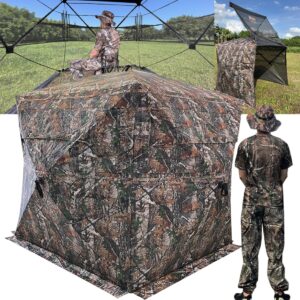 luckunter 360 degree see through hunting blind extra large tall (78x78x80 inch) 2/3/4 person ground camouflage pop up hunting blind for turkey deer hunting