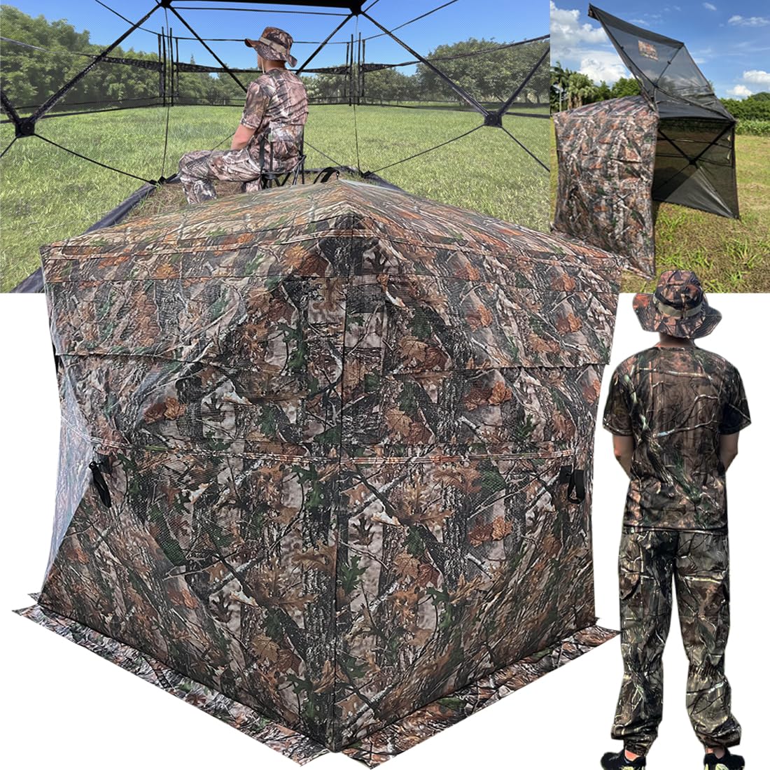 LUCKUNTER 360 Degree See Through Hunting Blind Extra Large Tall (78X78X80 inch) 2/3/4 Person Ground Camouflage Pop Up Hunting Blind for Turkey Deer Hunting