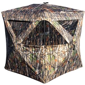 hq outfitters pop-up hunting hub blind | backpack carry bag | blending camouflage print | customizable full corner windows | deer hunting blind | outdoor ground blind