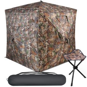 col-pary hunting blind, 270°view 1-3 person see through ground blind with tri-leg stool,ground pop up tent for deer turkey duck hunting,camping,concealment, disguise (camo,58 "lx58 wx66 h)