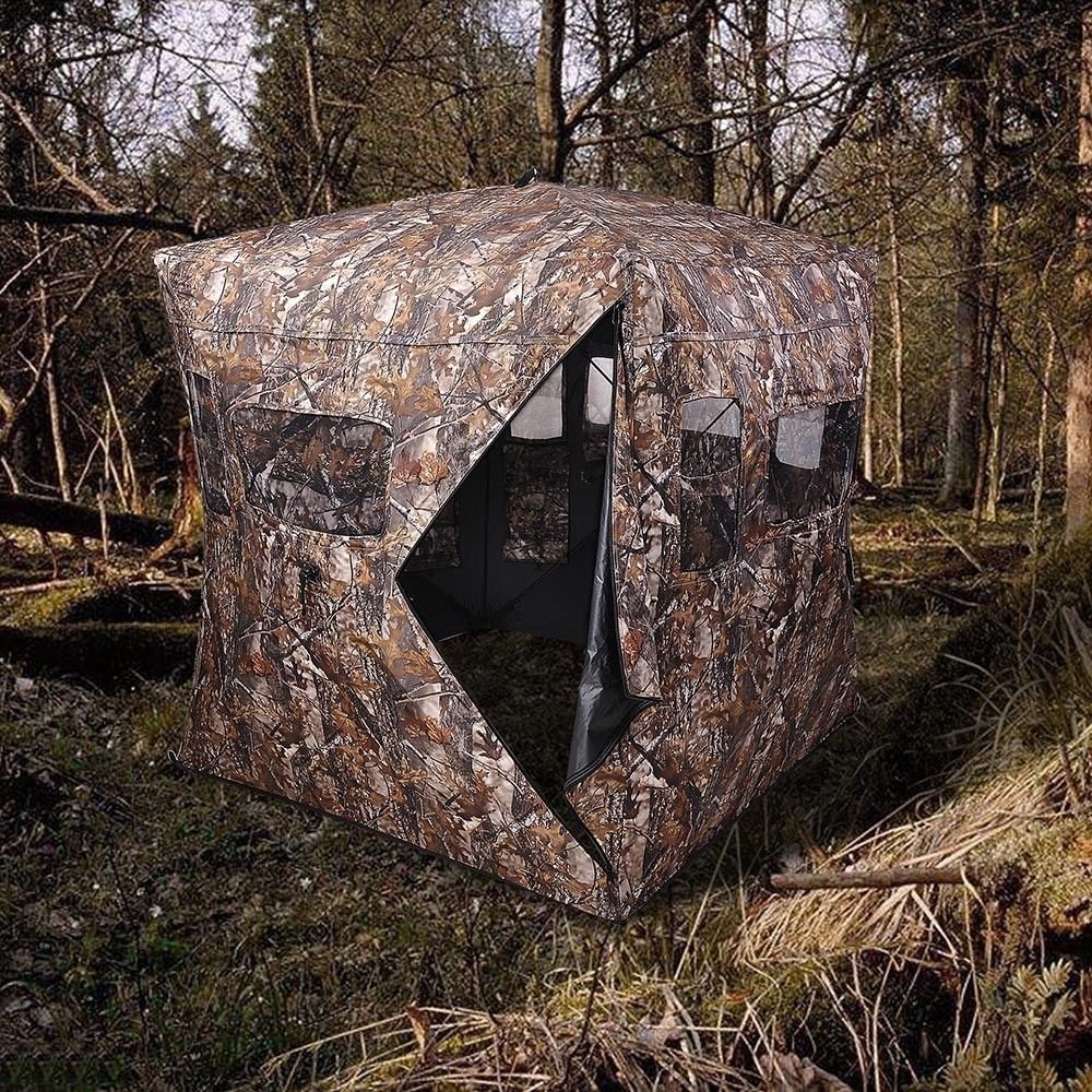 KOVAL INC. Pop Up Ground Wood-Leaf Camouflage Hunting Blind Hub Style (Camo Square)