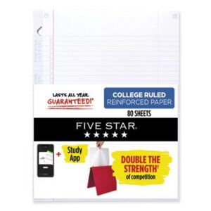 five star loose leaf paper + study app, notebook paper, college ruled filler paper, reinforced, fights ink bleed, 8.5 x 11, 80 sheets (170102),white