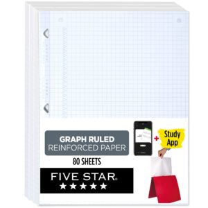 five star loose leaf paper + study app, 3 pack, notebook paper, graph paper, reinforced filler paper, fights ink bleed, 8.5 x 11, 80 sheets per pack (170027),white