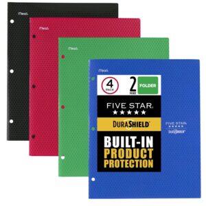 five star durashield antimicrobial 2 pocket stay-put plastic folders, 4 pack, holds 11" x 8-1/2", black, red, electric green, cobalt blue (330010)